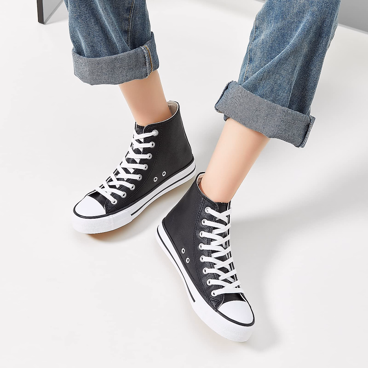 FINIWOR Women's High Top Sneakers PU Leather Fashion Sneakers Women Lace-Up Black and White High Top Sneakers Casual Shoes(Classic Black;US08)