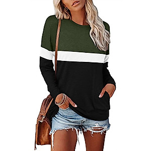 Magritta Girls Loose Fit Tunic Tops with Pockets Crew Neck Stretchy Long Sleeve Striped Color Block Sweatshirt Pullover for Women Green Black X-Large