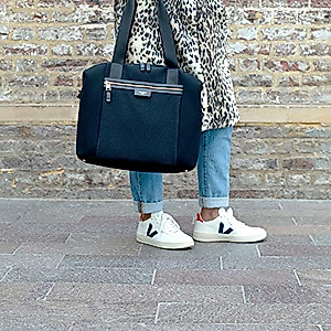 Stevie Luxe Scuba Black Modern Style Baby Diaper Bag by Storksak | Water-Resistant, Large Capacity Multi-Functional Bag with Smooth Leather Trim and Rose Gold Hardware | Shoulder and Stroller Straps