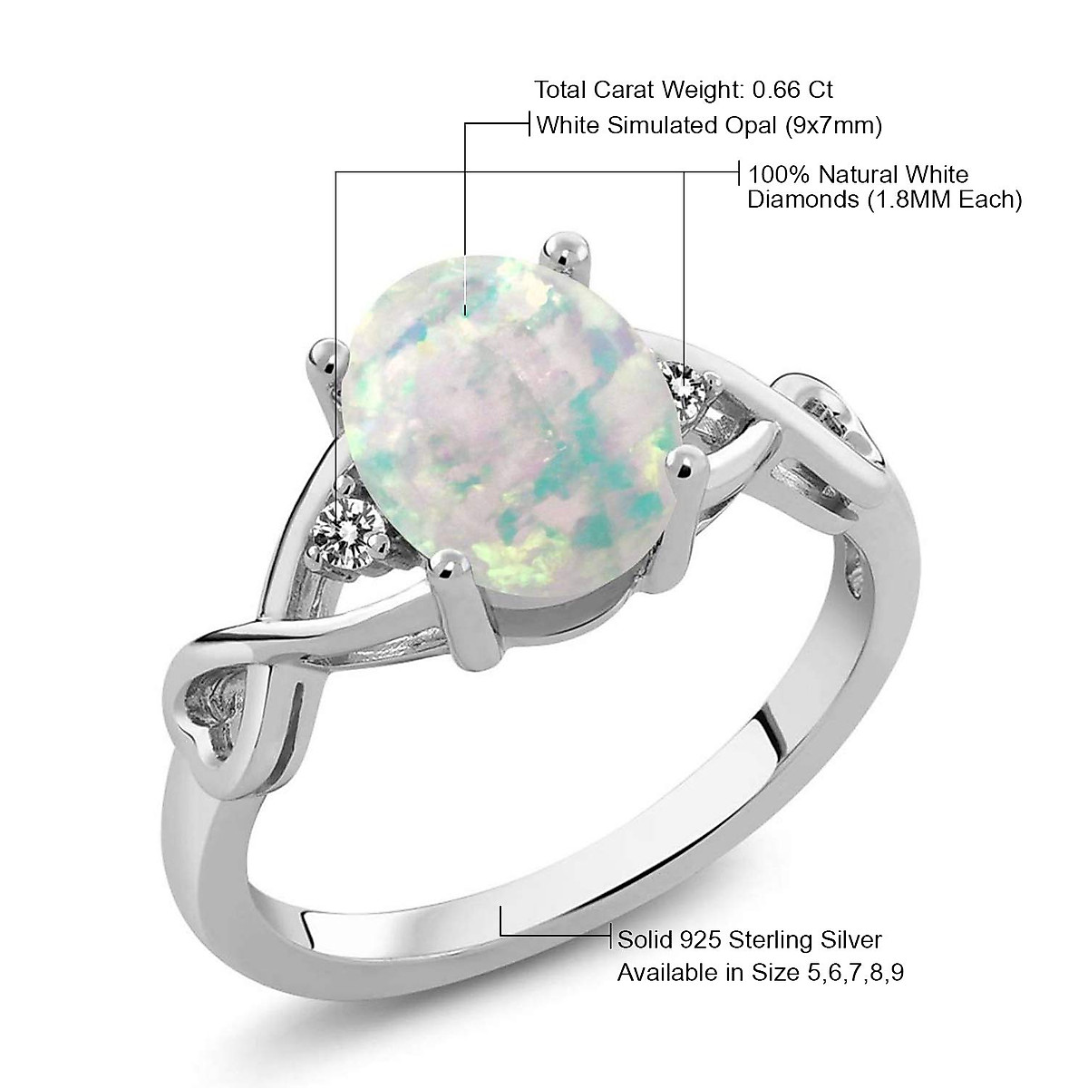 Gem Stone King 925 Sterling Silver Cabochon White Simulated Opal and White Diamond Ring For Women (0.66 Cttw, Available in size 5, 6, 7, 8, 9)