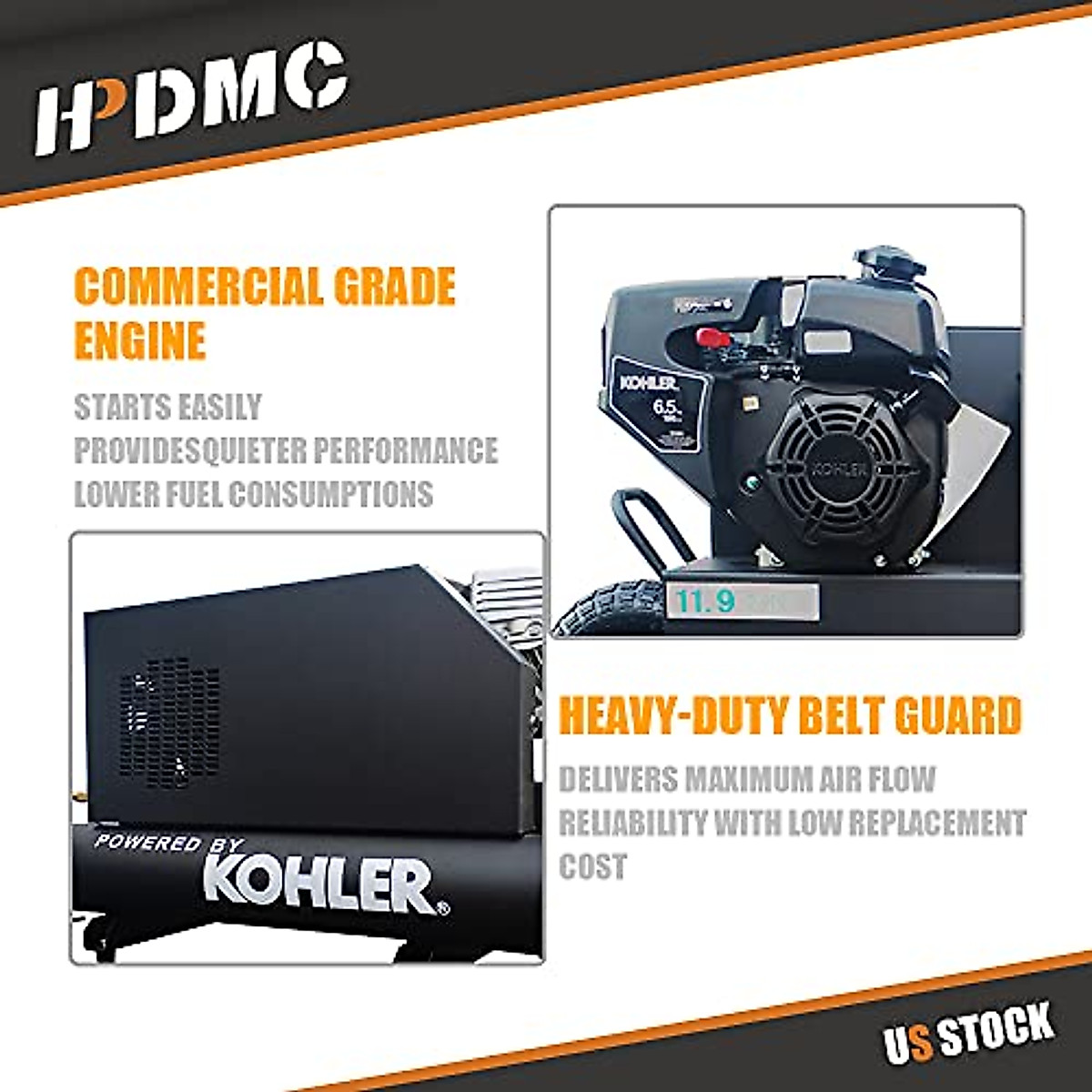 HPDMC 6.5HP Gas Driven Piston Air Pump KOHLER RH65 Engine Belt drive gas-powered 20-Gal Hor Tank 17cfm @125psi for Workshop Compressor Portable Compressed System