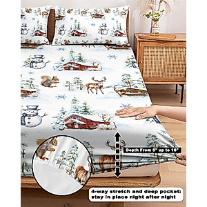 Rusic Christmas Fitted Sheets Elastic Deep Pocket 3 Pieces Bedding Set Full Size,Farmhouse Snowman Wooden Barn Reindeer Soft Brushed Bed Sheets,Winter Snow Scene Bottom Sheet