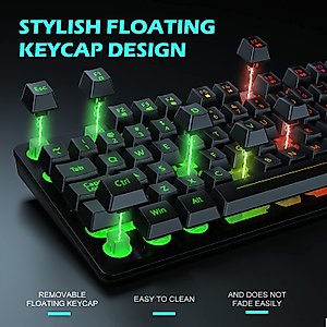 TNBIU Gaming Keyboard, 105-Key Wired Membrane Keyboard, Rainbow LED Backlit Keyboard, Floating Keycap Design, Aluminum Alloy Panel, Stylish Appearance Design, Suitable for Desktop, Computer, PC