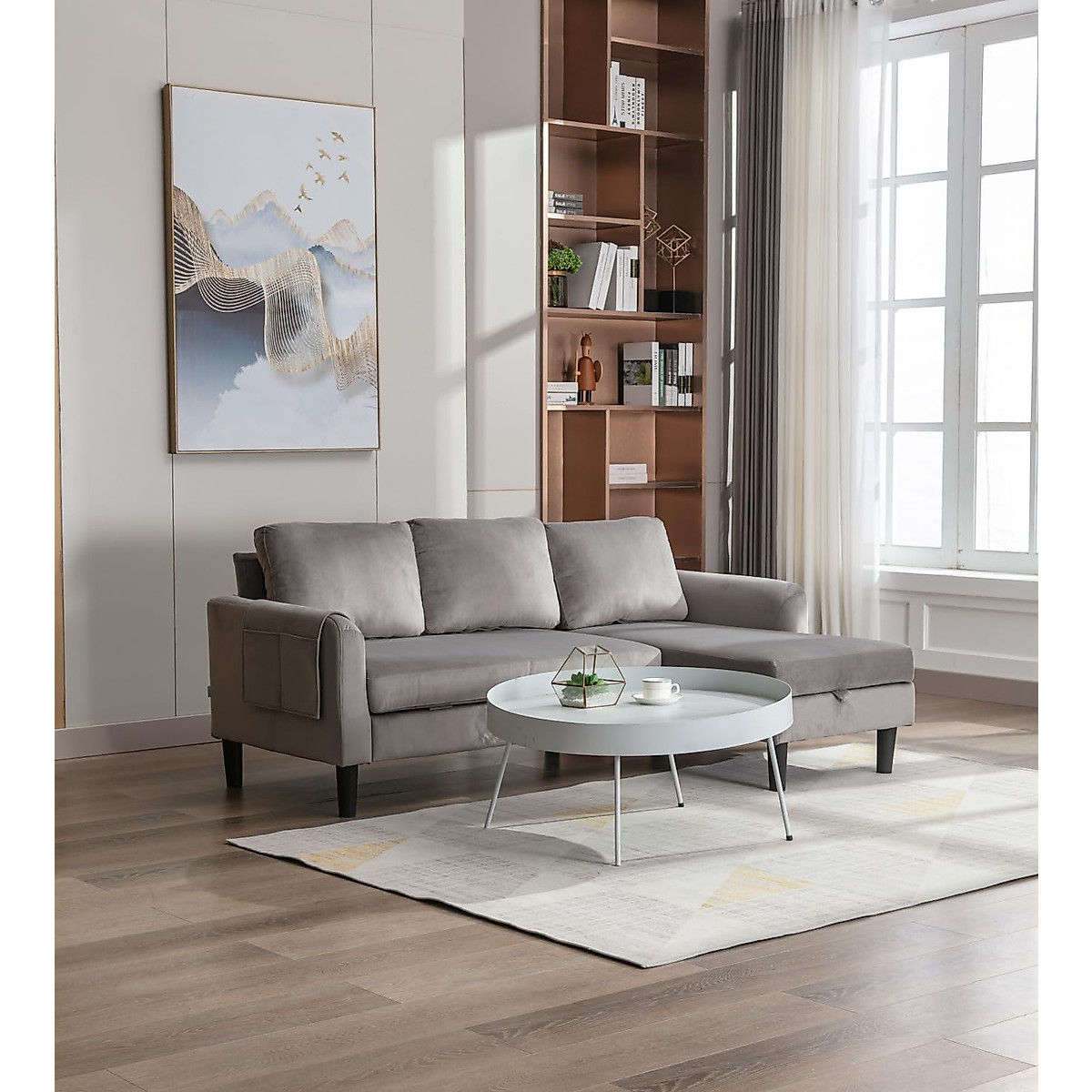 JINS&VICO Sectional Sofa Couch with Storage Chaise, Convertible Sleeper Couch with Side Pocket, Pull-Out Sofa Bed with Sturdy Plastic Legs for Living Room, Study Room, Weight Capacity 600 LBS