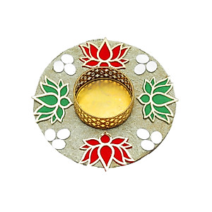 Set of 2 MDF Wooden Lotus Base T Light Holder Candle Stand Tealight Holders for Indian Traditional Festival Decoration Lighting Accessory Wedding Home Decor(Without Wax)(Red,Green)(Size:-4")