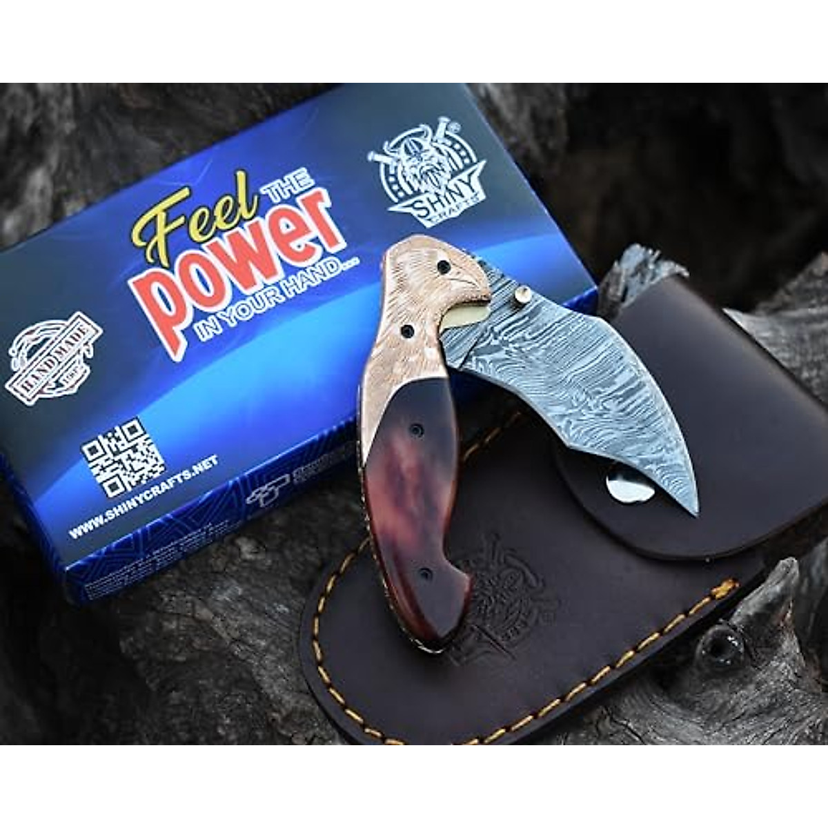 SHINY CRAFTS -Damascus Pocket Knife Knives For Men OTF Knife Survival Knife- Folding Knives - Everyday Carry - PlainEdge - Leather Sheath (FK 04)