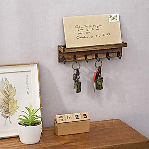MyGift Rustic Dark Brown Wood Entryway Key Holder Rack with Floating Display Shelf, Decorative Wall Organizer with Mail Holder Ledge and 6 Hooks