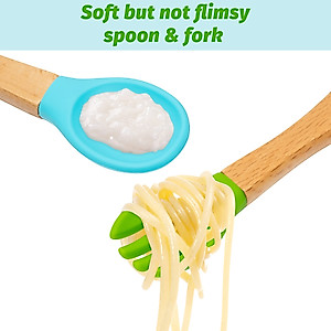 R HORSE 6Pcs Silicone Baby Forks and Spoon Set with Beech Handle Blue Green Silicone Baby Feeding Set BPA-Free Baby Training Utensils Set for Toddlers Boy Girl Self Feeding