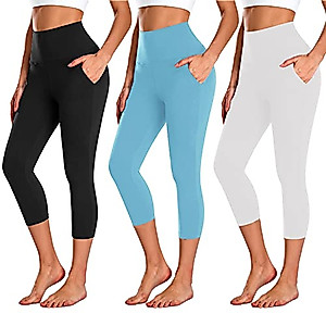 NEW YOUNG 3 Pack Capri Leggings for Women with Pockets-High Waisted Tummy Control Black Workout Gym Yoga Pants