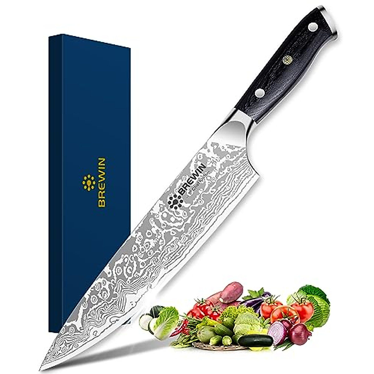 Brewin Chef Knife, Razor Sharp 8 Inch Kitchen Knife with Black Pakkawood Handle German High Carbon Stainless Steel Full Tang Professional Cooking Knives with Gift Box