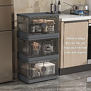 Btalani Collapsible Storage Bins with Lids, Stackable Storage Box with Wheels & Doors, Rotating to Lock & Unlock, 8.72 Gal Plastic Storage Bins for Home and Outdoor, 3-Pack, Grey