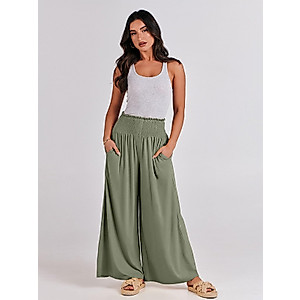 ANRABESS Women Palazzo Pants Summer Boho Bagyy Wide Leg High Smocked Waist Casual Loose Lounge Pant with Pocket Olive X-Large