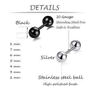 Tornito 14 Pairs Stainless Steel Ball Stud Earrings Barbell Cartilage Tragus Helix Ear Piercing For Men Women 2-8mm Silver Black