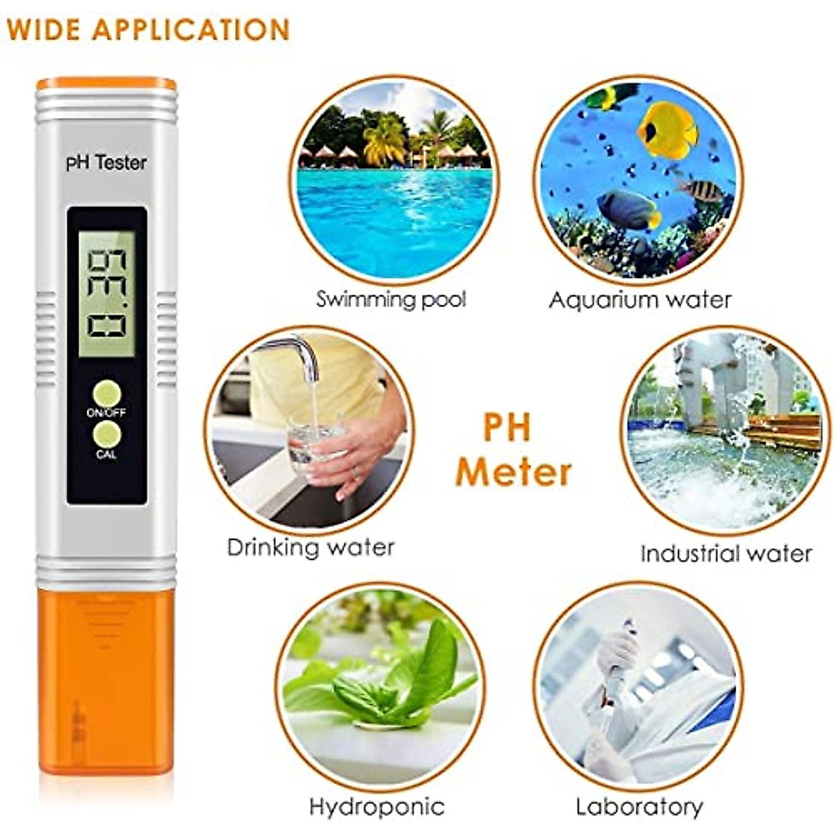 Vivibyan Digital PH Meter, PH Meter 0.01 PH High Accuracy Water Quality Tester with 0-14 PH Measurement Range for Household Drinking, Pool and Aquarium Water PH Tester Design with ATC, Orange