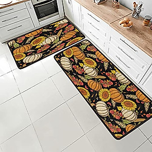 Fall Pumpkin Sunflower Corn Kitchen Rug Mat Set of 2 Autumn Thanksgiving Harvest Kitchen Runner Non Skid Standing Floor Mats Comfort Absorbent Doormats Carpet for Home Office Sink Laundry Decor