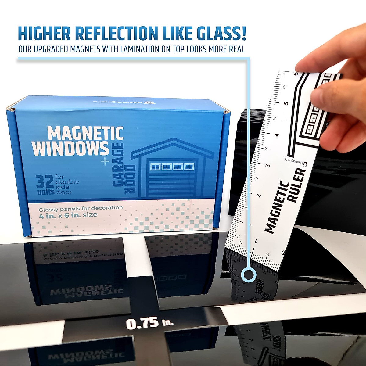 Strong & Glossy Magnetic Garage Door Windows - Looks Like Real Window Panels/Faux Panes - Decorative Hardware Kit - Easy to Align & Will Never Fall (Upgraded Magnets) | Fits 2 Car Garage | 32pcs 4"X6