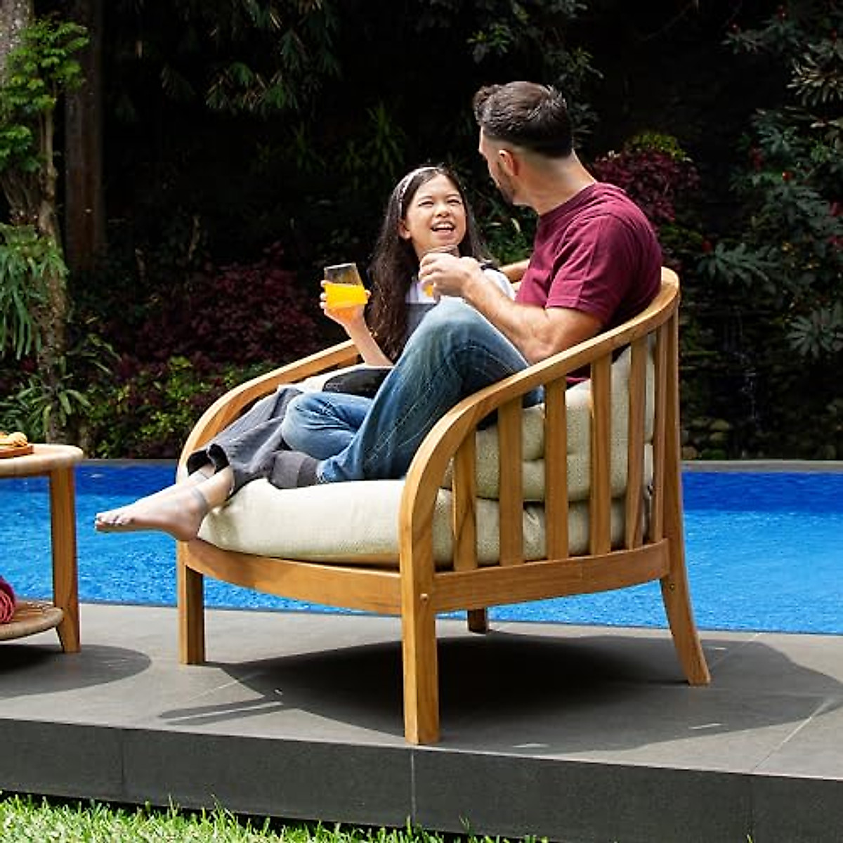 Cambridge Casual Barnese Wood Oversized Patio Lounge Chair, Natural Teak/Tan Cushion