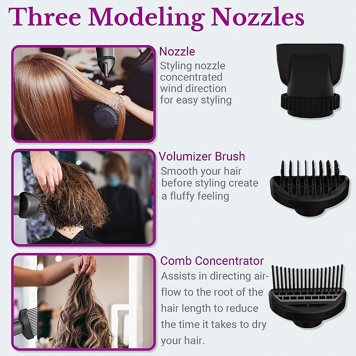 Supsilk Compact Hair Dryer with Comb, Volumizer Brush, Nozzle Attachment 3-in-1 Blow Dryer, Hairdryer for 1a to 4c Curly Hair, Professional Lightweight Turbo AC Motor 1800W Fast Drying and Cool Shot