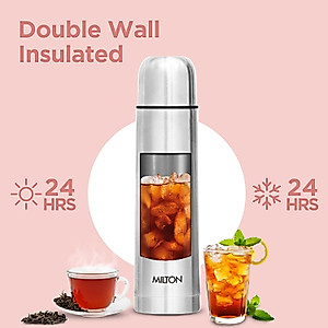 Milton Thermosteel Flip Lid Flask 1000, Double Walled Vacuum Insulated 1000 ml | 34 oz | 1 qt. | 24 Hours Hot and Cold Water Bottle with Cover, 18/8 Stainless Steel, BPA Free, Leak-Proof | Silver