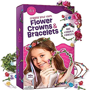 Flower Crowns & Bracelet Making Kit for Girls - Make Your Own Jewelry Kits for Kids - DIY Hair Accessories Set - Arts & Crafts Gift for Ages 6-12 Year Old Girl - Craft Maker Gifts Toys Age 6 7 8 9 10
