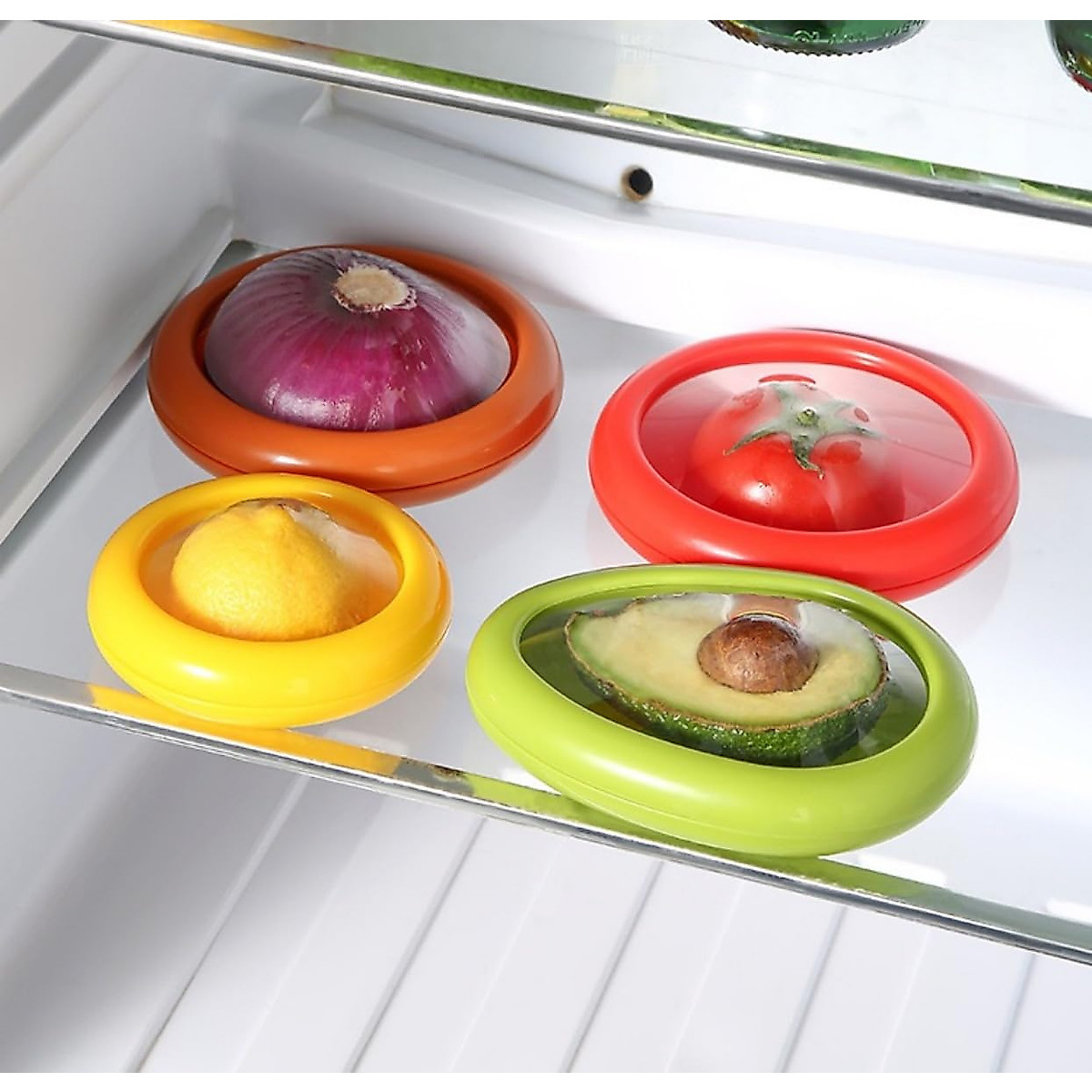 EDUFUNBO Set of 4 Reusable Storage Containers for Fridge, Avocado Saver and Tomato Holder, Ideal for Garlic, Onions, Lemons, Potatoes