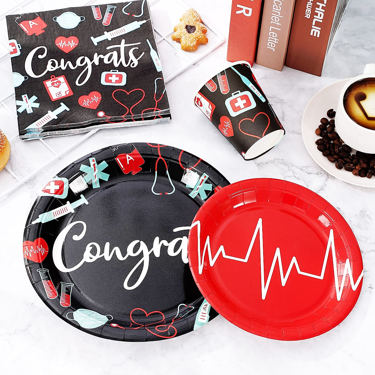 Whaline 125Pcs 2024 Nurse Graduation Party Decorations Doctor Nurse Party Tableware Set Congrats Grad Disposable Dinnerware Set 50Pcs Paper Plates 50Pcs Napkin 25Pcs Cups for Graduation Party Supplies