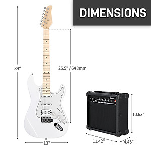 Ktaxon 39 Inch Electric Guitar Kit for Beginner, HSS Pickups 6 String Solid-Body Full Size Adults Electric Guitars W/Amplifier, Bag, Strap, Cable, Accessories - White