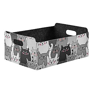 CaTaKu Foldable Storage Basket Black and White Сats Collapsible Felt Storage Bins with Handle Drawer Organizer Bin Cube Shelf Box for Organizing Closet Clothes Office Books Bedroom