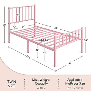 Yaheetech Twin Size Bed Frame Metal Platform Bed Frame Mattress Foundation with Spindle Headboard & Footboard/No Box Spring Needed/14 Inch Underbed Storage/Firm Support & Easy Set up Structure, Pink