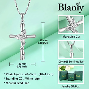 Blaniy Cross Necklace for Women 925 Sterling Silver Butterfly Necklace April Birthstone Pendant Necklace with Cubic Zirconia Jewelry Gifts for Women