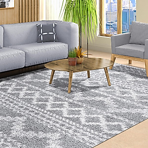 Superior Indoor Area Rug Perfect for Bedroom, Laundry Room, Office, Playroom, Nursery, Fluffy Carpet Cover, Modern Geometric Diamond Lattice Shag Rhea Collection, 8' x 10', Light Grey & Ivory