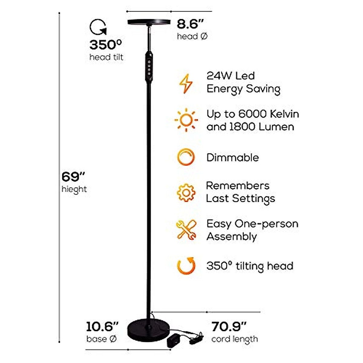 Kenley Daylight LED Floor Standing Lamp - Tall Modern Reading Task Uplight - 24W Adjustable Warm Cool Super Bright Natural Light Torchiere for Living Room, Dorm, Bedroom or Office - Dimmable - Black