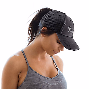 Womens Ponytail Cap Saved by Grace Jesus Christian Embroidery Cotton Distressed Trucker Hats Strap Closure Turquoise Design Only