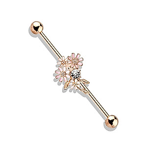 Pierced Owl 14GA Stainless Steel CZ Crystal and Enamel Flower Bouquet Industrial Barbell (Rose Gold Tone)