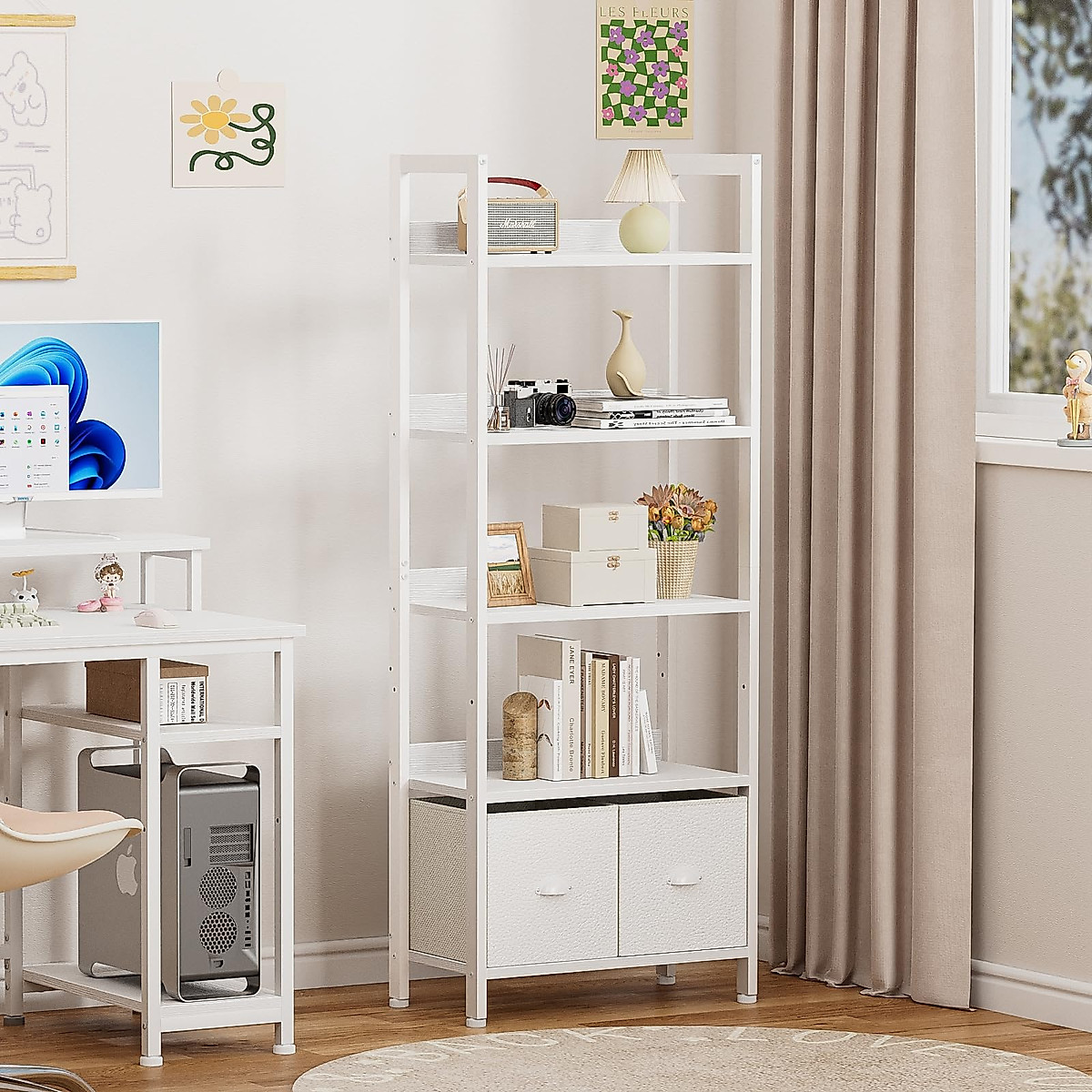 Furologee 5 Tier Bookshelf with Drawers, White Tall Bookcase with Shelves, Wood and Metal Bookshelves Storage Organizer, Modern Display Free Standing Shelf Unit for Bedroom, Living Room, Office