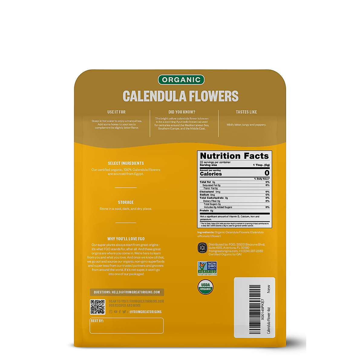 FGO Organic Calendula Flowers, Whole, 100% Raw From Egypt, 4oz, Packaging May Vary (Pack of 1)