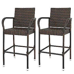 ZENY Set of 2 Wicker Barstool All Weather Dining Chairs Outdoor Patio Furniture Wicker Chairs Bar Stool with Armrest