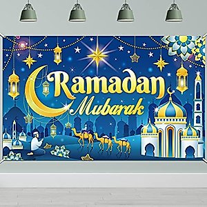 HOWAF Ramadan Mubarak Backdrop Banner Decorations, Eid Mubarak Background Banner for Muslim Ramadan Party Supplies, Ramadan Kareem Party Banner with Lanterns Moon Stars Castle Design