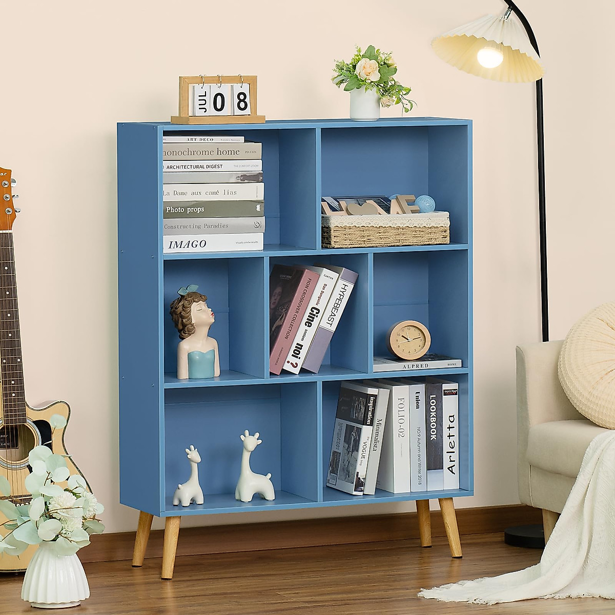 YAHARBO 7 Cube Bookshelf, Blue Kids Book Shelf with Cubby Storage,Wooden Modern Bookcase with Legs,3 Tier Freestanding Display Book Case,Children Toy Organizer,Bookshelves for Office,Nursery,Playroom