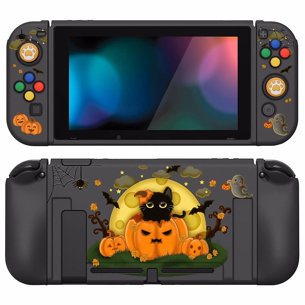 PlayVital ZealProtect Soft Protective Case for Nintendo Switch, Flexible Cover Protector for Switch with Screen Protector & Thumb Grip Caps & ABXY Direction Button Caps - Moon Night Halloween