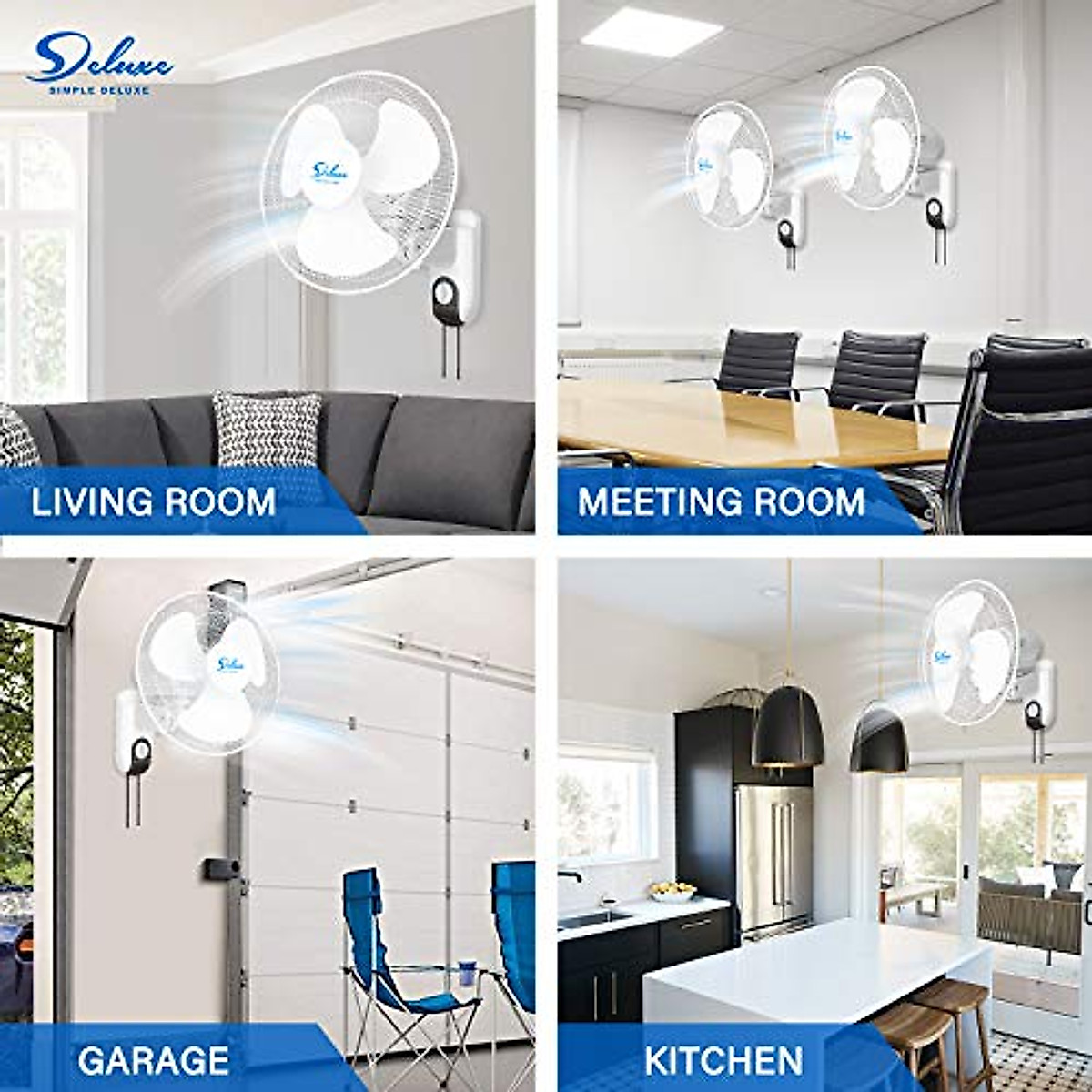 Simple Deluxe Digital Household Wall Mount Fans 16 Inch Adjustable Tilt, 90 Degree, 3 Speed Settings, Basic, White