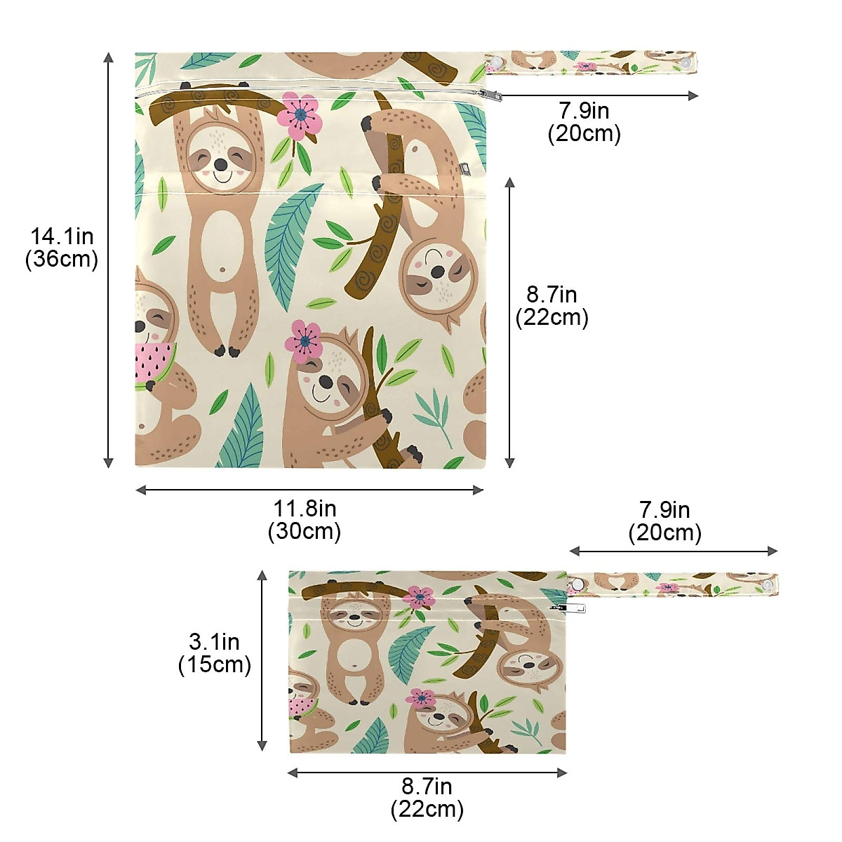 xigua 2PCS Baby Cloth Diaper Wet Dry Bags Waterproof Reusable with Two Zippered Travel Bags Beach Pool Stroller Dirty Gym Clothes Wet Swimsuits - 11.8 x 14.2in (Cute Playing Sloth)