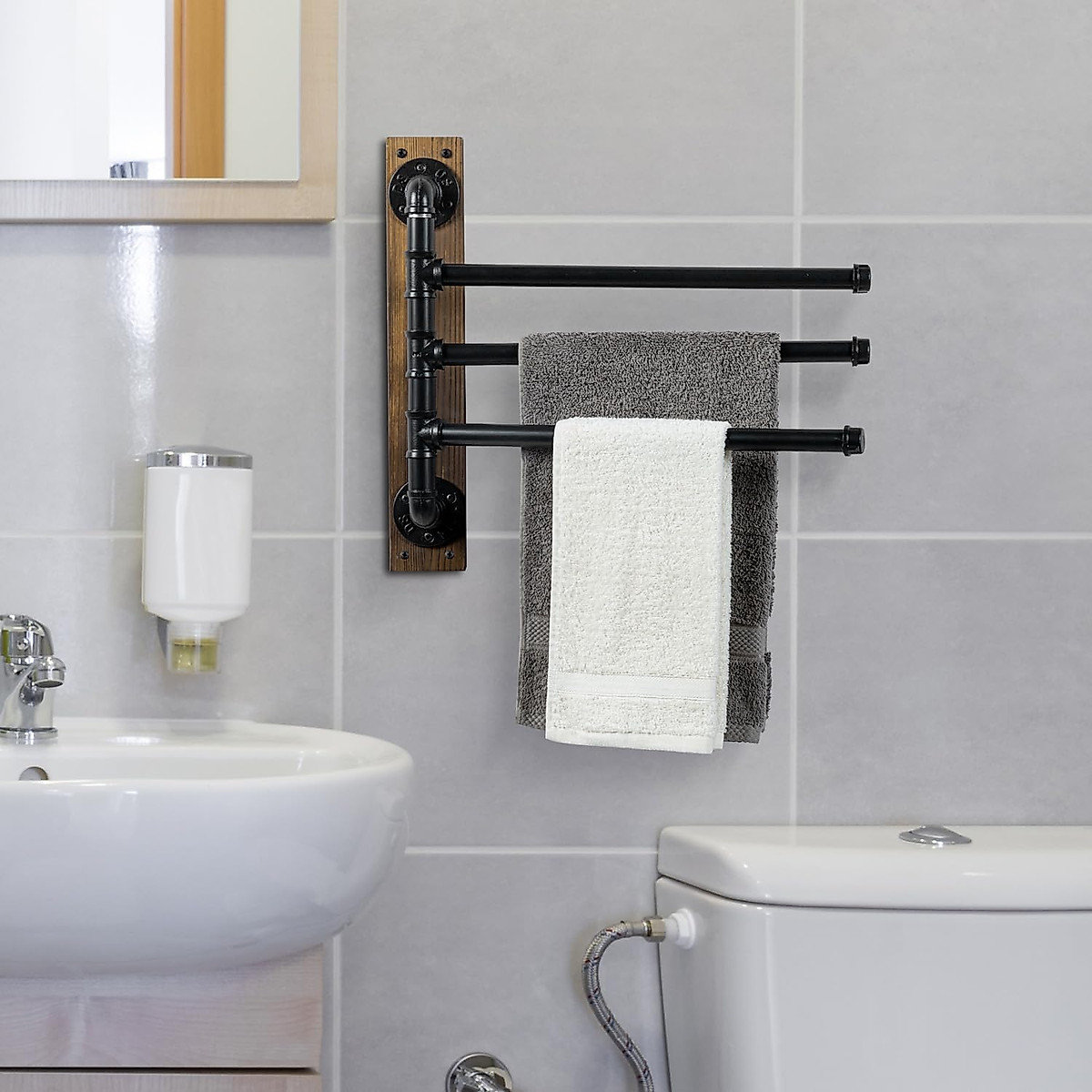 MyGift 17.3 Inch Wall Mounted Bathroom Swivel Towel Rack on Rustic Burnt Solid Wood Board, 3 Tier Industrial Black Metal Pipe Bars with 180 Degree Swing for Towels