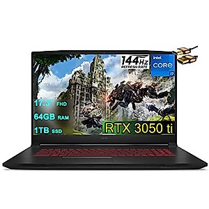 MSI Katana GF76 17 Gaming Laptop 17.3” FHD IPS 144Hz Display 11th Gen Intel 8-Core i7-11800H 64GB RAM 1TB SSD GeForce RTX 3050 Ti 4GB Backlit USB-C Nahimic Win10 Black + HDMI Cable