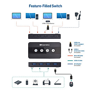 Cable Matters 4 Port USB 3.0 Switch USB Sharing Switch for 4 Computers and USB Peripherals - Button or Wireless Remote Control Switching - Includes a USB-C Adapter for USB-C USB4 and Thunderbolt 4