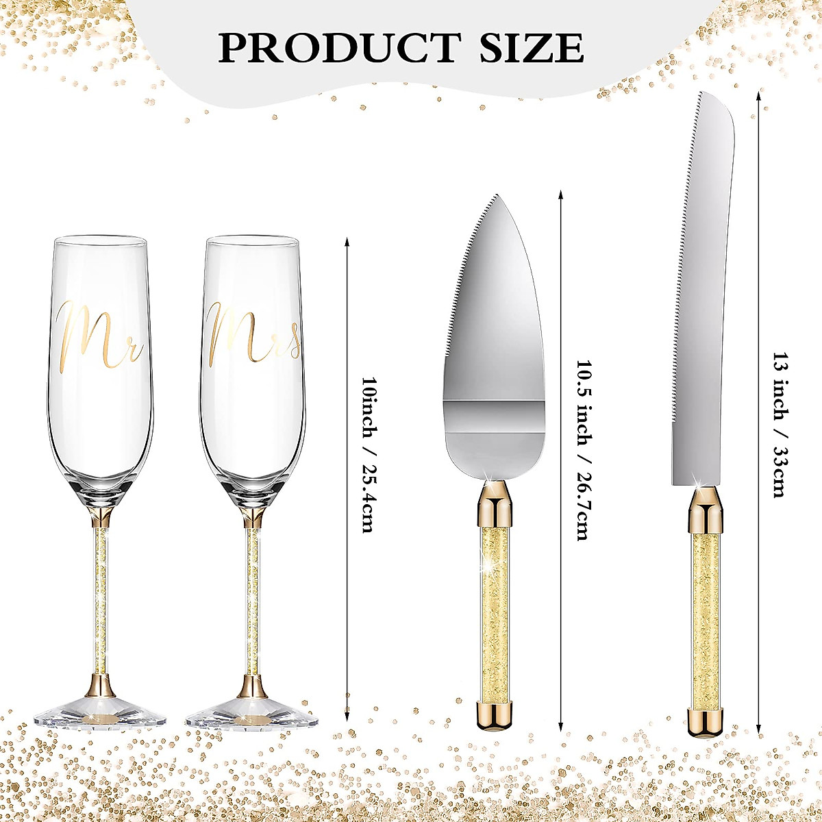 Boao 4 Piece Wedding Toasting Flutes and Cake Server Set Wedding Reception Supplies Champagne Glasses Cake Knife Pie Server (Gold Diamond, Simple)