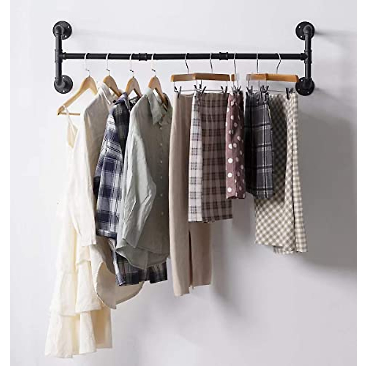 YLFAHXP Industrial Pipe Clothes Rack, Heavy Duty Detachable Wall Mounted Iron Garment Bar, Multi-purpose Clothing Rack Hanging Rod Organizer for Closet Storage (Black)