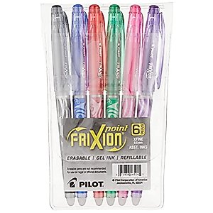 PILOT FriXion Point Erasable & Refillable Gel Ink Pens, Extra Fine Point, Black/Blue/Red/Green/Pink/Purple Inks, 6-Pack Pouch (46524)