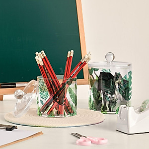 Tatenale Qtip Holder with Lid Apothecary Jars with Lids Cotton Swab Holder Dispenser for Storage Organizers Bathroom Accessories Set Cotton Ball Swab,Floss Picks 2 Pack Green Palm Leaves