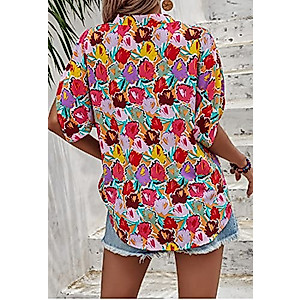 CCTOO Women's Blouses V Neck Short Sleeve Curved Hem Solid Chiffon Dressy Blouse Casual Shirts Tops 159 Color Floral Large